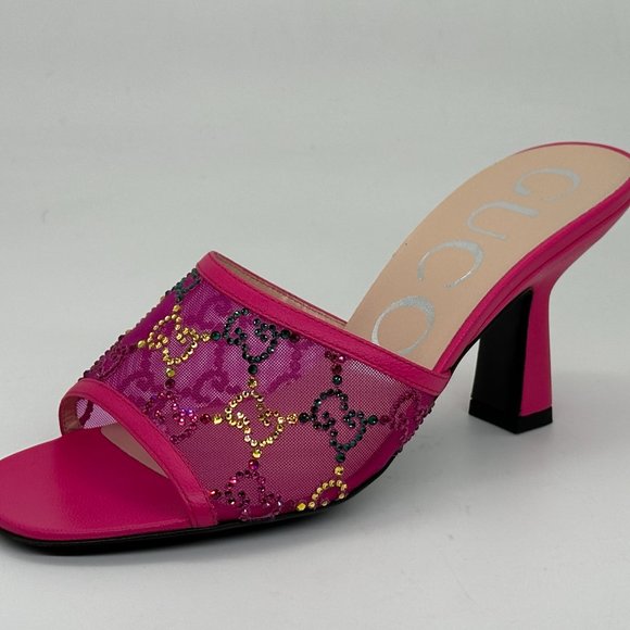 Gucci | Shoes | Gucci Gg Monogram Demi Rhinestone Crystal Mesh Mules ...